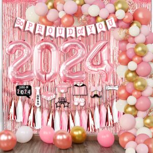 pawliss 2024 graduation decorations set 95pcs - includes pink white balloons, graduation party photo props, so proud of you banner, foil curtain, tissue tassels for college high school party supplies