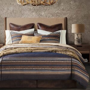 paseo road by hiend accents estes western bedding 3 piece super king duvet cover set, blue striped rustic cabin bed set, faux leather details, chenille jacquard comforter cover and 2 pillow shams