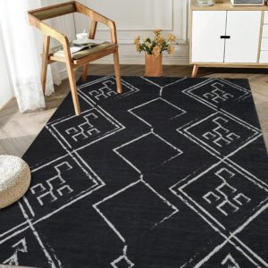 machine washable area rug non slip backing & ultra-thin & stain resistant & eco friendly & family and pet friendly - everest geometric modern bordered black & creme design 8'x10'