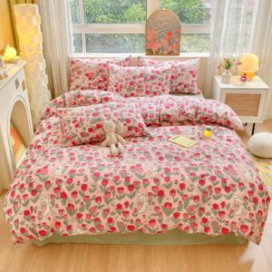 liwhenhao rabbit duvet cover set queen 100% cotton bedding cartoon white bunny red flower on pink 1 cute comforter cover full zipper closure 2 pillowcases for kids girls boys woman