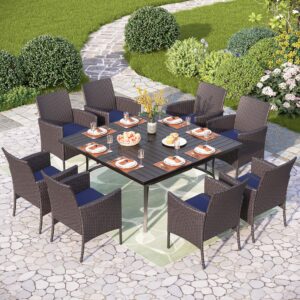 phi villa 9 pieces square outdoor dining set for 8, 60” metal iron dining table & rattan wicker chairs with cushions, large dining furniture set for patio, deck, yard, porch