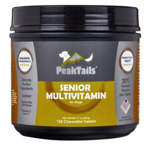 kala health peaktails senior multivitamin for dogs, hip and joint support, healthy skin, shiny coat, contains antioxidants and 18 essential amino acids and 19 vitamins and minerals, 150 count