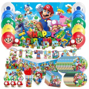 mario birthday party supplies, 116pcs mario party decorations include banners, backdrop, plates, tablecloth, cup, forks, spoons, cake topper, straw (10 guests)