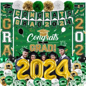 green gold graduation party decorations 2024,class of 2024 graduation party supplies include congrats grad banner, grad backdrop, porch sign,balloons,foil number 2024 for graduation party supplies