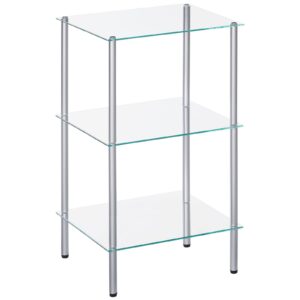 hoobro glass shelf, 3 tier standing shelf unit, durable glass shelving stand for small space, space-saving, for bathroom, bedroom, home office, tempered glass, steel frame, silver sv03cj01