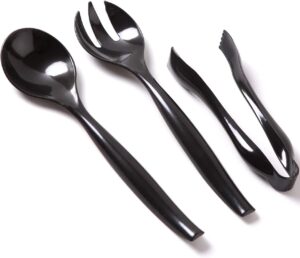 vezee's plastic serving utensils, black heavy duty disposable utensil | set 10" spoons 10" forks 6" tongs | 6 each in one set| 18 pcs