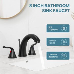 Black Bathroom Faucets, Faucet for Bathroom Sink - 2 Handle Basin Faucet, 3 Hole 8 Inch Widerspread Bathroom Faucet with Lift Rod Drain Assembly, Water Supply Lines Faucets for RV Bath Vanity