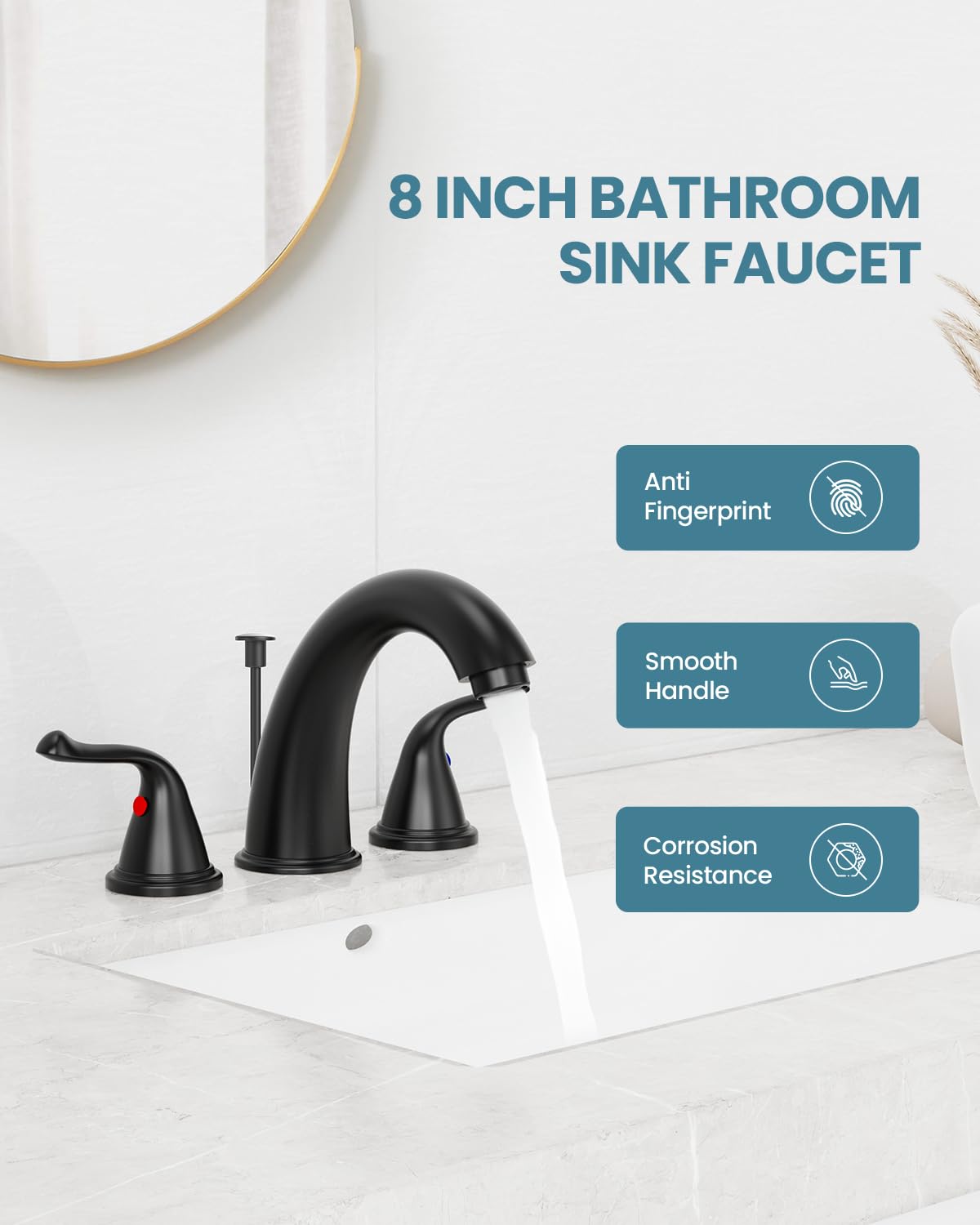 Black Bathroom Faucets, Faucet for Bathroom Sink - 2 Handle Basin Faucet, 3 Hole 8 Inch Widerspread Bathroom Faucet with Lift Rod Drain Assembly, Water Supply Lines Faucets for RV Bath Vanity