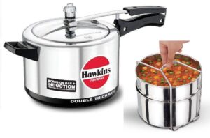 hawkins hevibase aluminum pressure cooker 3 liter, with two-dish stainless steel set