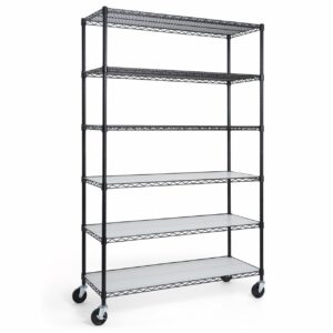 caphaus nsf commercial grade heavy duty wire shelving w/wheels, leveling feet & liners, storage metal shelf, garage shelving storage, utility wire rack storage shelves, w/liner, 48 x 18 x 76 6-tier