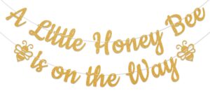 a little honey bee is on the way banner, gold glitter happy bee day banner, bee pregnancy announcement party, honey bee baby shower decorations