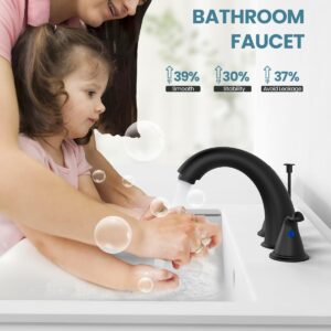 Black Bathroom Faucets, Faucet for Bathroom Sink - 2 Handle Basin Faucet, 3 Hole 8 Inch Widerspread Bathroom Faucet with Lift Rod Drain Assembly, Water Supply Lines Faucets for RV Bath Vanity