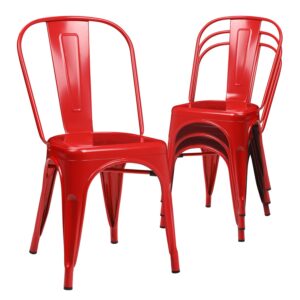 magshion metal dining chair stackable indoor outdoor industrial vintage chairs 4 pack bistro dining room cafe side chairs with back, 18 inch red