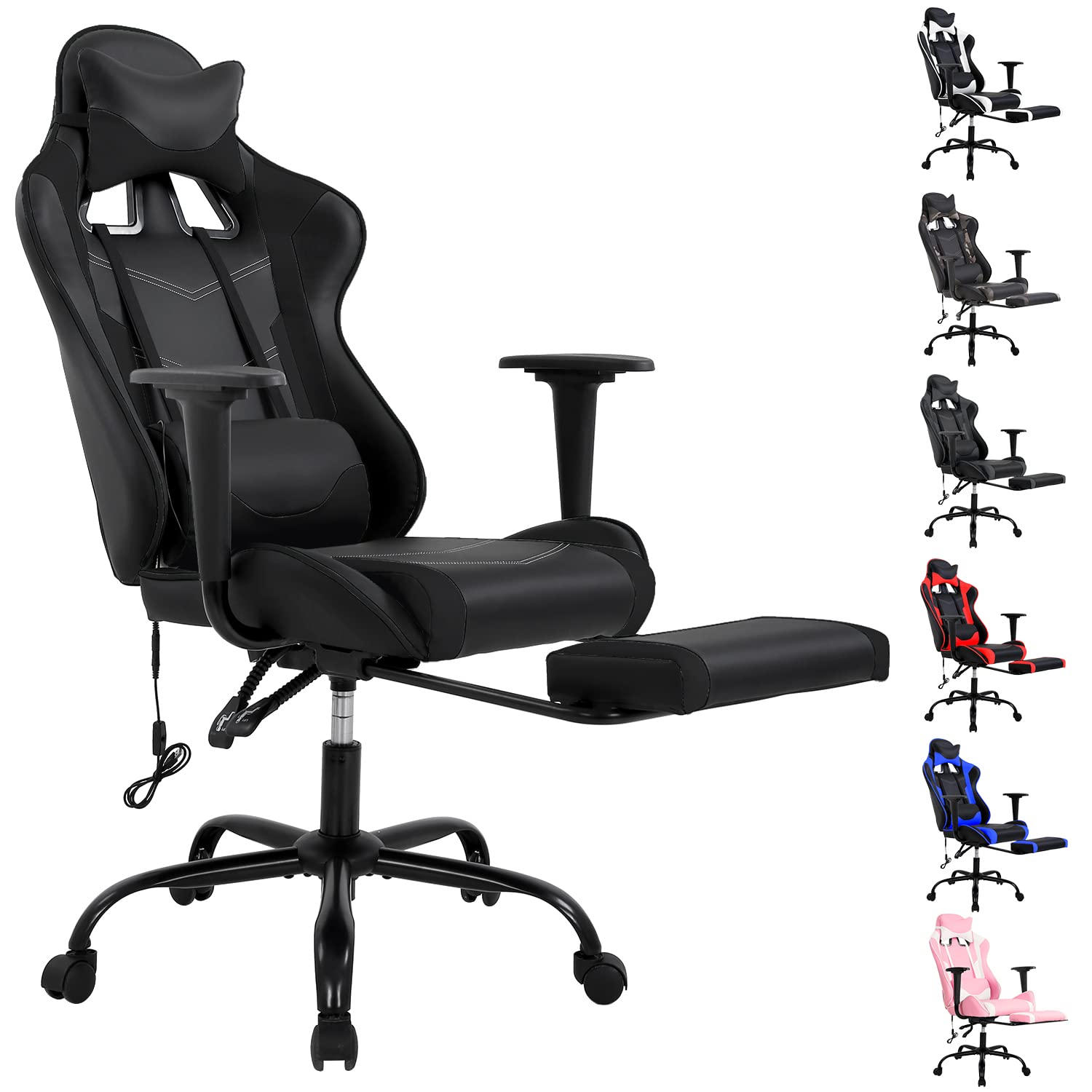 Gaming Chair Massage Computer Chair PC Office Chair Ergonomic Chair Video Game Chairs PU Leather Recliner with Lumbar Support Headrest Armrest Footrest Rolling Swivel Desk Chair for Adults Teen, Black