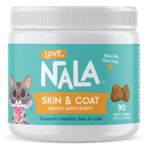 love, nala - skin and coat supplement for cats - 90 tasty soft chews - omega 3 fish oil, biotin, vitamin e supports skin & fur health - 3.2 oz