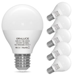 oraluce e17 led bulb 5 watts warm white 3000k, 40w equivalent a15/g45 globe ceiling fan light bulbs, 500 lumens non-dimmable, 6 pack