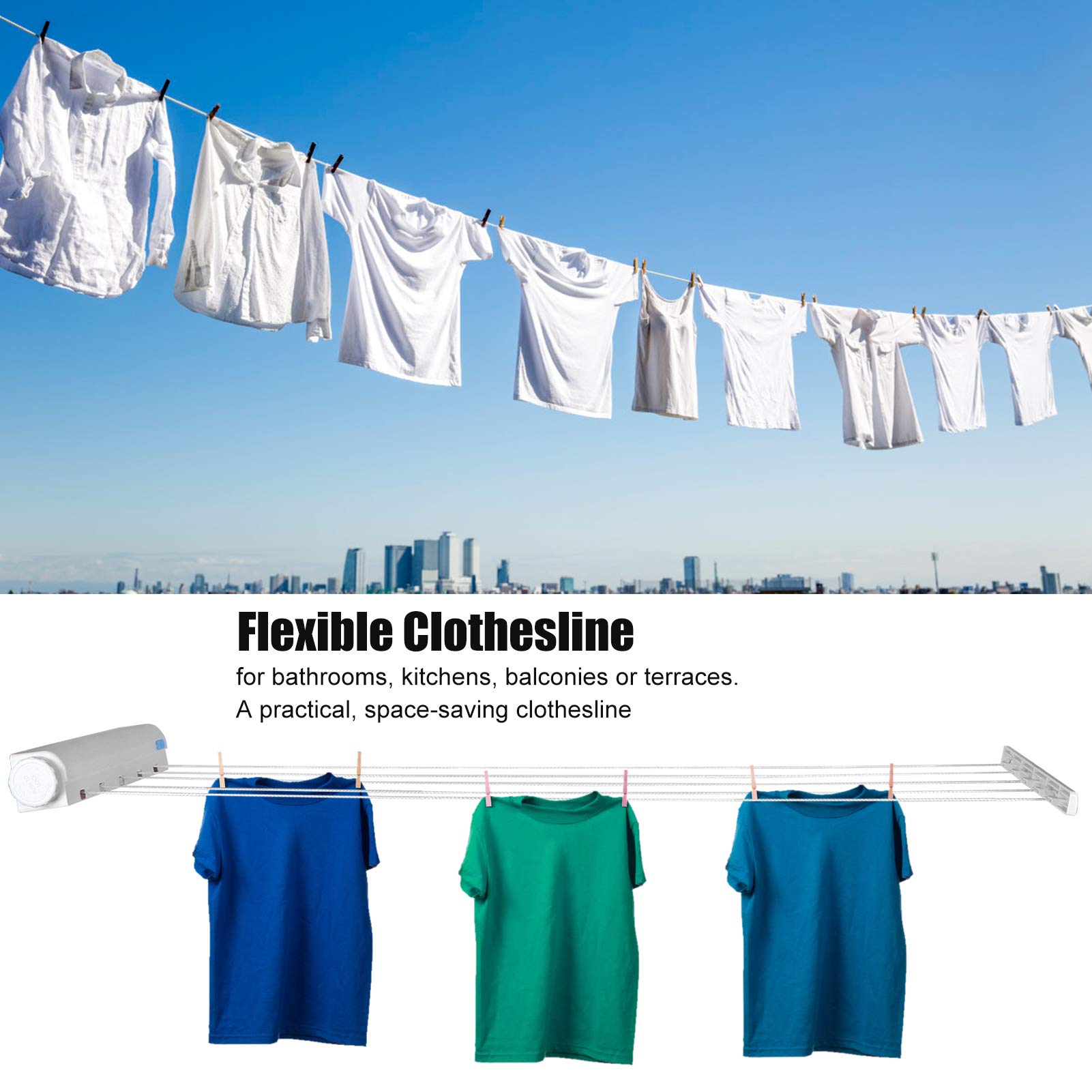 Retractable Clothesline, Indoor Outdoor Extendable Washing Line Rope Clothes Drying Rack Wall Mounted Laundry Dryer Ropes for Hotels Terraces Balconies (3.75m/12.3ft, 5 Ropes)