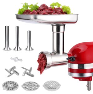 stainless steel food grinder attachment for kitchenaid mixers, dishwasher safe, strong meat processor accessories included 3 sausage stuffer tubes