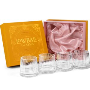 glassique cadeau vintage art deco speakeasy lowball glasses | set of 4 | 9 oz crystal tumblers for drinking classic gin, rum, vodka bar drinks | round short rocks glassware