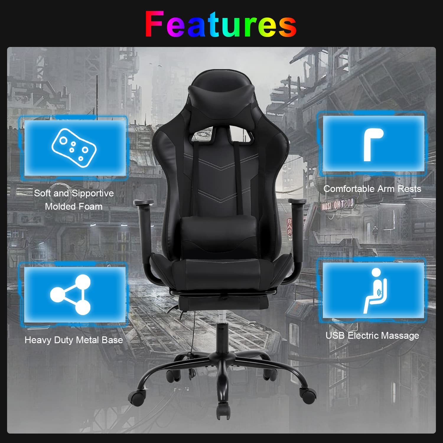 Gaming Chair Massage Computer Chair PC Office Chair Ergonomic Chair Video Game Chairs PU Leather Recliner with Lumbar Support Headrest Armrest Footrest Rolling Swivel Desk Chair for Adults Teen, Black