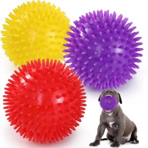 vitever 3 colors 4.5” heavy duty squeaky dog toy balls for medium large dogs, dog chew toys for teething, spiky dog balls for aggressive chewers, durable dog toys for teeth cleaning and training