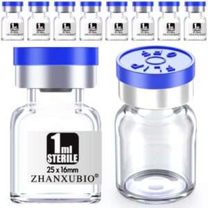 zhanxubio sterile empty vials with self healing injection port and aluminum plastic cap,sterile package (1ml clear 10pcs)