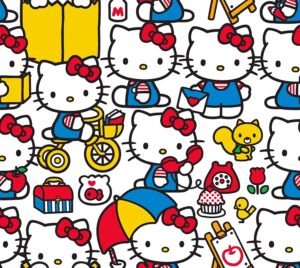 45" wide cotton hello kitty at play rorry books telephones bicycles painting