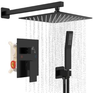 baetuy black shower faucet set, rainfall shower system with rain shower head and handle set, wall mounted shower fixtures with shower valve and trim kit 10 inch matte black