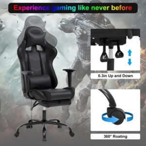 Gaming Chair Massage Computer Chair PC Office Chair Ergonomic Chair Video Game Chairs PU Leather Recliner with Lumbar Support Headrest Armrest Footrest Rolling Swivel Desk Chair for Adults Teen, Black