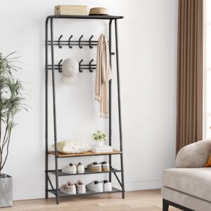 coat rack shoe bench with 10 hooks, hall trees entryway bench with storage, multifunctional hallway organizer, wood look accent furniture with metal frame