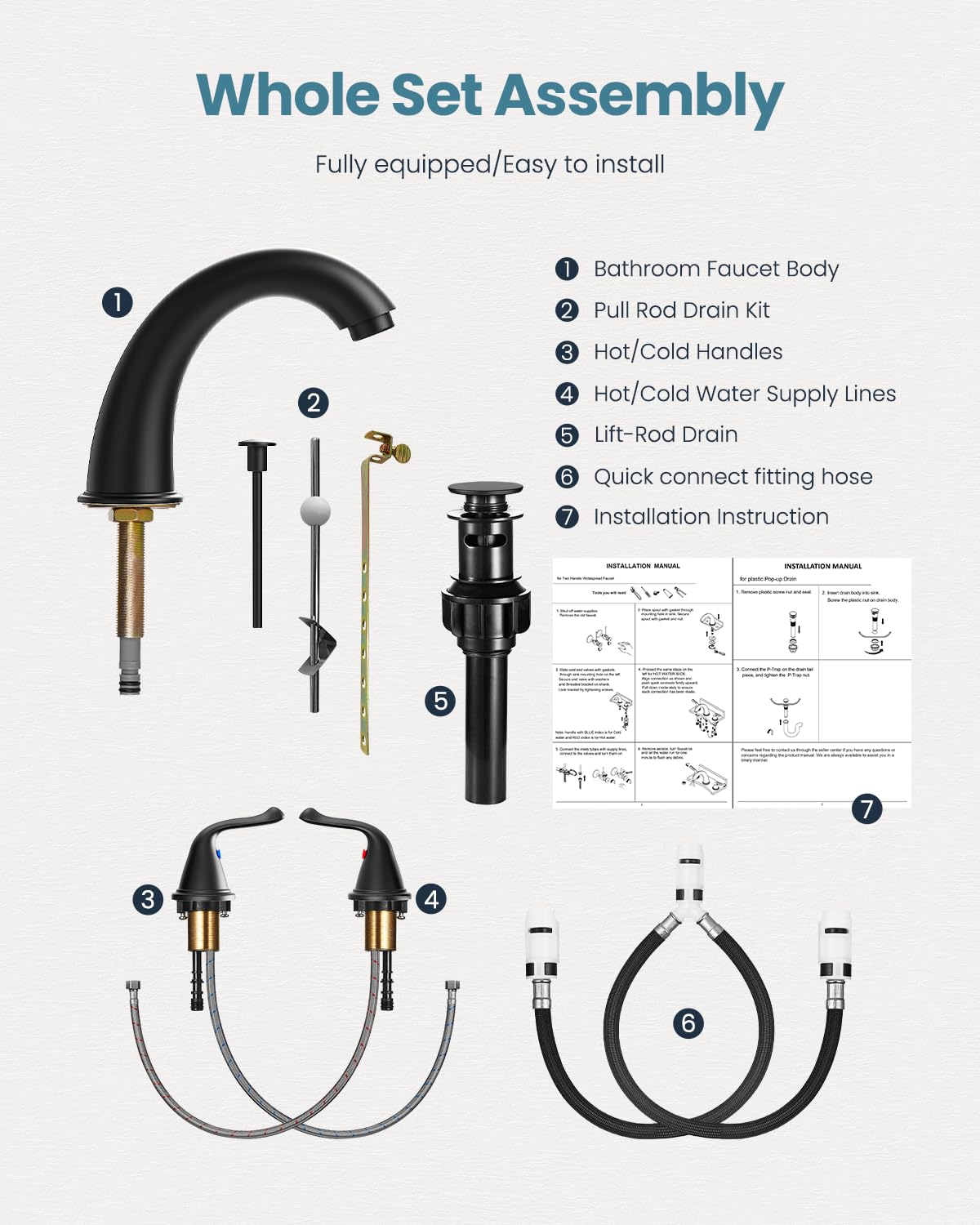 Black Bathroom Faucets, Faucet for Bathroom Sink - 2 Handle Basin Faucet, 3 Hole 8 Inch Widerspread Bathroom Faucet with Lift Rod Drain Assembly, Water Supply Lines Faucets for RV Bath Vanity