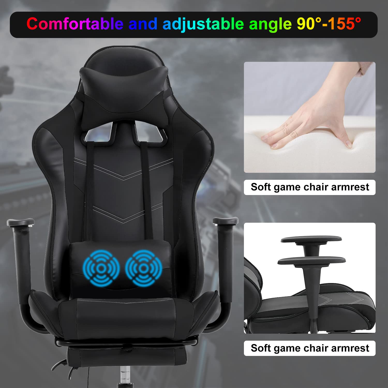 Gaming Chair Massage Computer Chair PC Office Chair Ergonomic Chair Video Game Chairs PU Leather Recliner with Lumbar Support Headrest Armrest Footrest Rolling Swivel Desk Chair for Adults Teen, Black