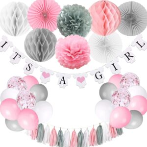 baby shower decorations for girl, it’s a girl banner with paper fan tissue pompoms honeycomb ball party balloons foil tassel, pink and grey it’s a girl baby shower decorations