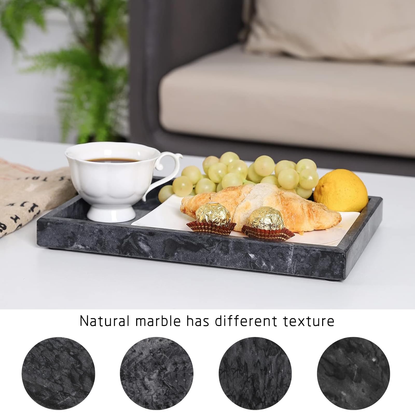 HESHIBI Marble Tray, Natural Black Marble Vanity Home Kitchen Bathroom Table Deco Tray, Stone Decorative Countertop Serving Trays for Coffee Jewelry Makeup Organizer 12"x 8" x1.2"