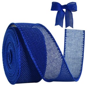 toniful burlap wired ribbon, 1-1/2 inch faux burlap ribbons, royal blue color, for christmas, home decor, gift wrapping, tree topper bow, wreath, diy crafts.(10 yards）