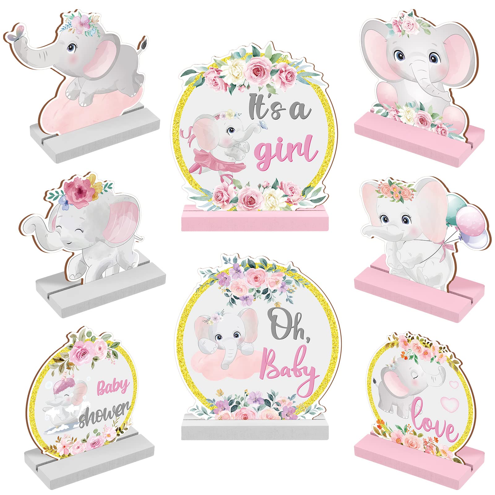 8 Pieces Pink Elephant Baby Shower Decorations Elephant Table Centerpiece Wooden Baby Shower Centerpieces for Girls Cute Wooden Sign for Baby Shower Birthday Photo Props Party Supplies, 8 Styles