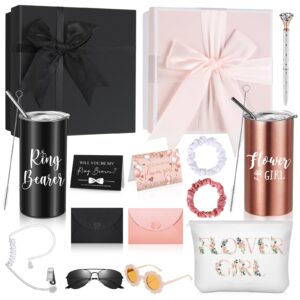 15 pcs flower girl ring bearer gifts set include tumbler with straw glasses canvas bag hair ring diamond pen proposal card envelope acoustic earpiece tube gift box for wedding bride shower party