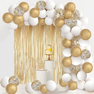 white and gold balloon garland arch kit ， white and gold party decorations with 1pcs gold tinsel curtains for graduation party new years birthday anniversary