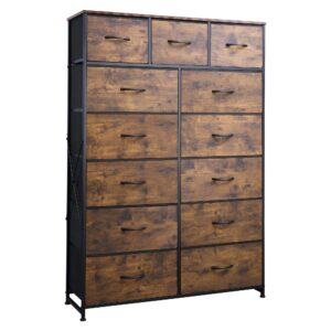 wlive tall dresser for bedroom with 13 drawers, storage dresser organizer unit, fabric dresser for bedroom, closet, chest of drawers, steel frame, wood top, rustic brown wood grain print