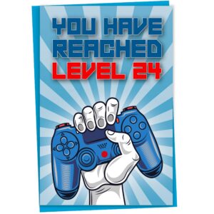 24th birthday card, you have reached level 24, greeting card for twenty-four year old gamer birthday gift for adult son or daughter, for him her grandson granddaughter, blue