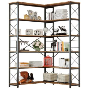 ironck 6-shelf corner bookcase, vintage industrial corner bookshelf etagere bookcase, 6 tiers corner shelf storage rack with metal frame for living room home office