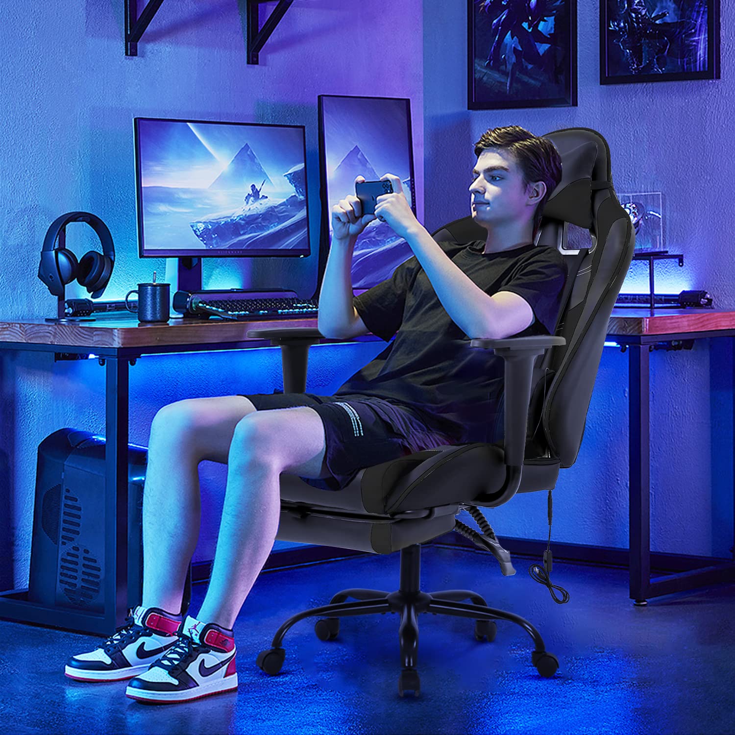 Gaming Chair Massage Computer Chair PC Office Chair Ergonomic Chair Video Game Chairs PU Leather Recliner with Lumbar Support Headrest Armrest Footrest Rolling Swivel Desk Chair for Adults Teen, Black