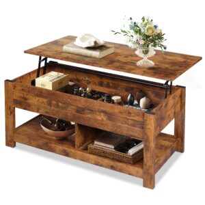 wlive coffee table, 47" lift top coffee table with hidden compartment and 2 storage shelves for living room, rustic brown