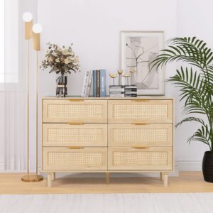 fuqarhy rattan dresser for bedroom, modern 6 drawer double dresser with gold handles, wood storage chest of drawers fo bedroom,living room,hallway (natural)