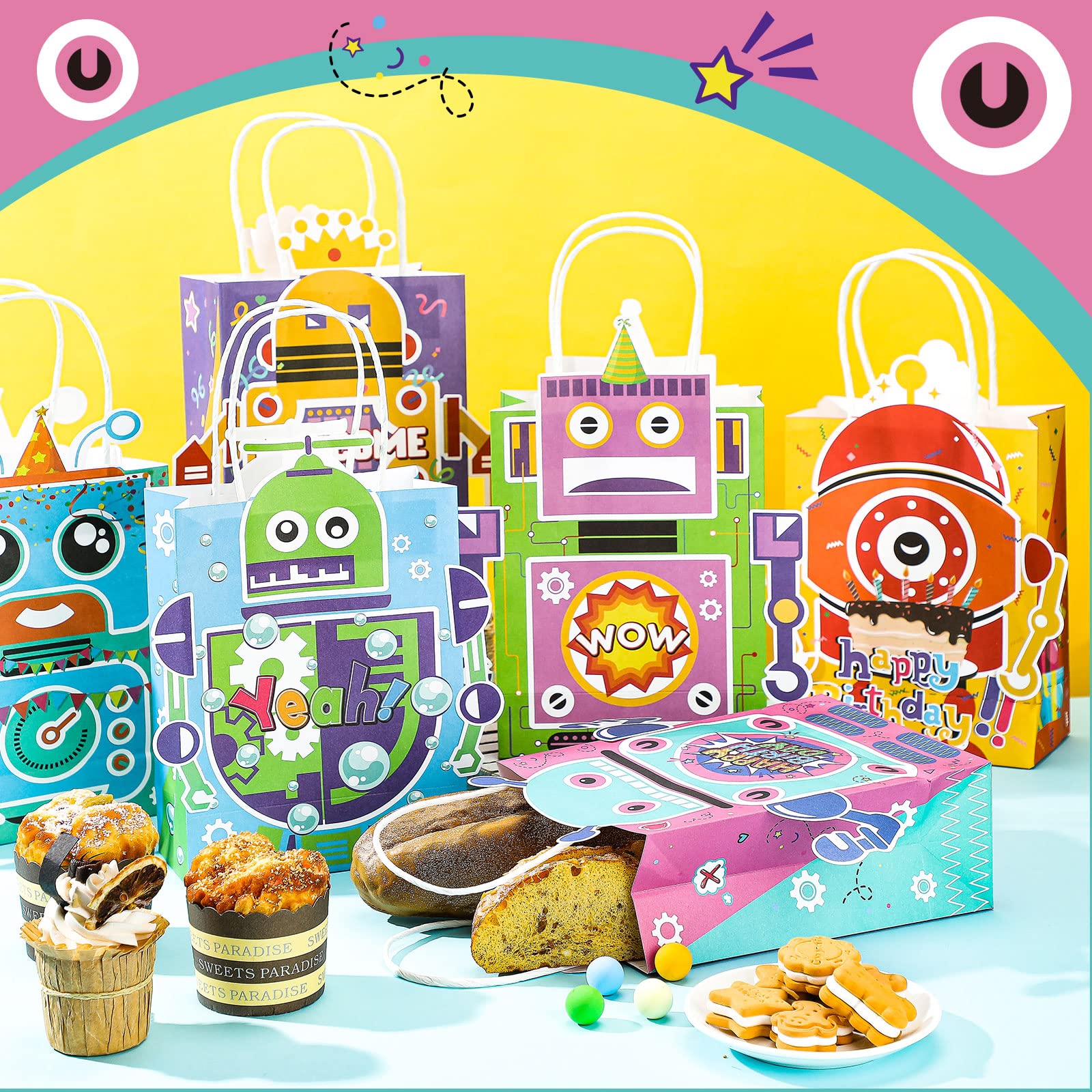 24 Pcs Robot Party Supplies Candy Gift Bags, Robot Goodie Gift Treat Bags, Kids Candy Treat Bags with Handle for Robot Themed Birthday Party Decorations Supplies