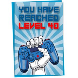 40th birthday card, you have reached level 40, greeting card for forty year old gamer birthday gift for adult son or daughter, for him her mom dad, blue