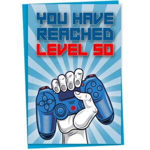 50th birthday card, you have reached level 50, greeting card for fifty year old gamer birthday gift for adult son or daughter, for him her mom dad, blue