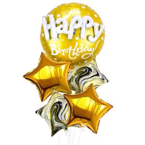 katchon, gold happy birthday balloon set - 23 inch, big, pack of 5 | happy birthday mylar balloons, golden birthday balloons | gold star balloons, gold foil balloons | black and gold party decorations