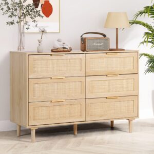 fuqarhy 6 drawer dresser rattan dresser modern chest with drawers,wood storage closet dressers chest of drawers for bedroom,living room,hallway (natural)