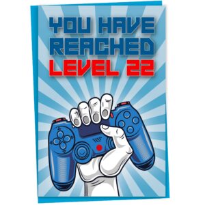 22nd birthday card, you have reached level 22, greeting card for twenty-two year old gamer birthday gift for adult son or daughter, for him her grandson granddaughter, blue